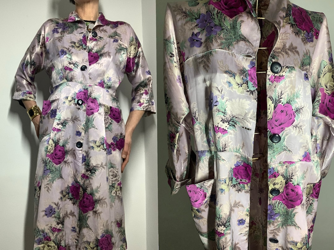 Vintage 1940s Satin Robe Dress Lilac Lavender Luminous Sheen Florals ...