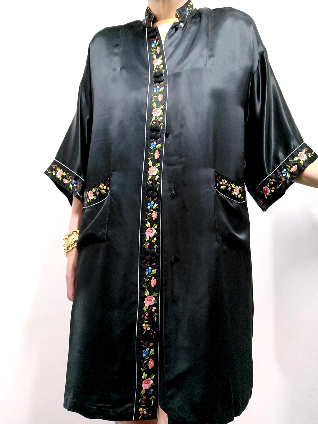 Vintage Black Satin Kimono Robe With Hand Embroidery Floral Sleeves ...