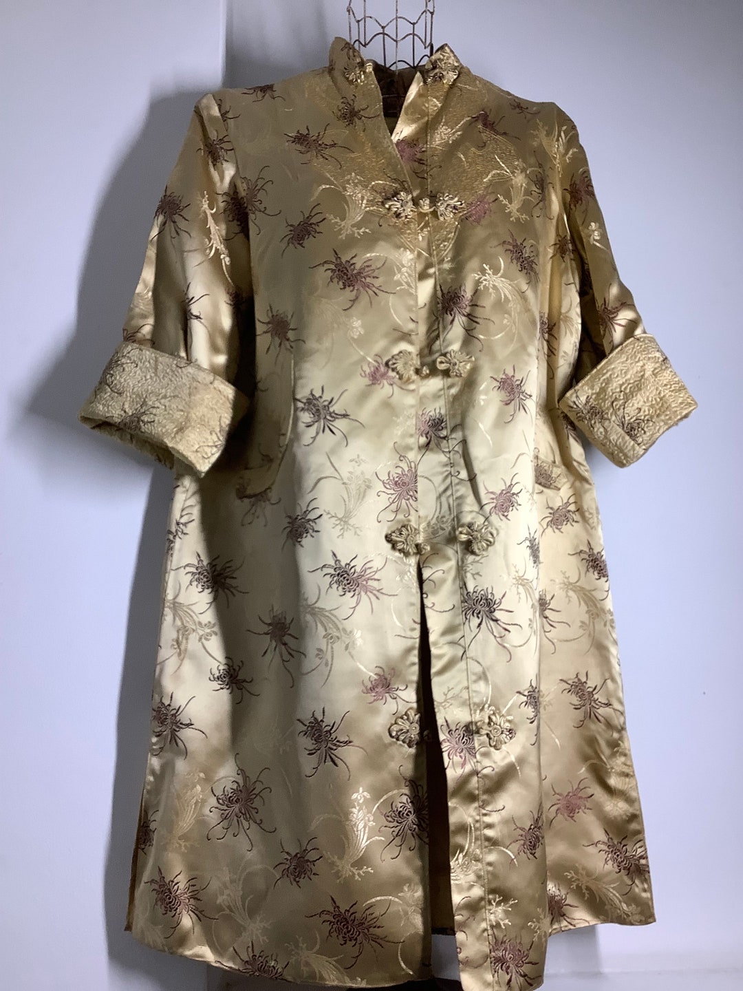 Vintage 1950s Golden Satin Brocade Damask Long Jacket Robe Chinese ...