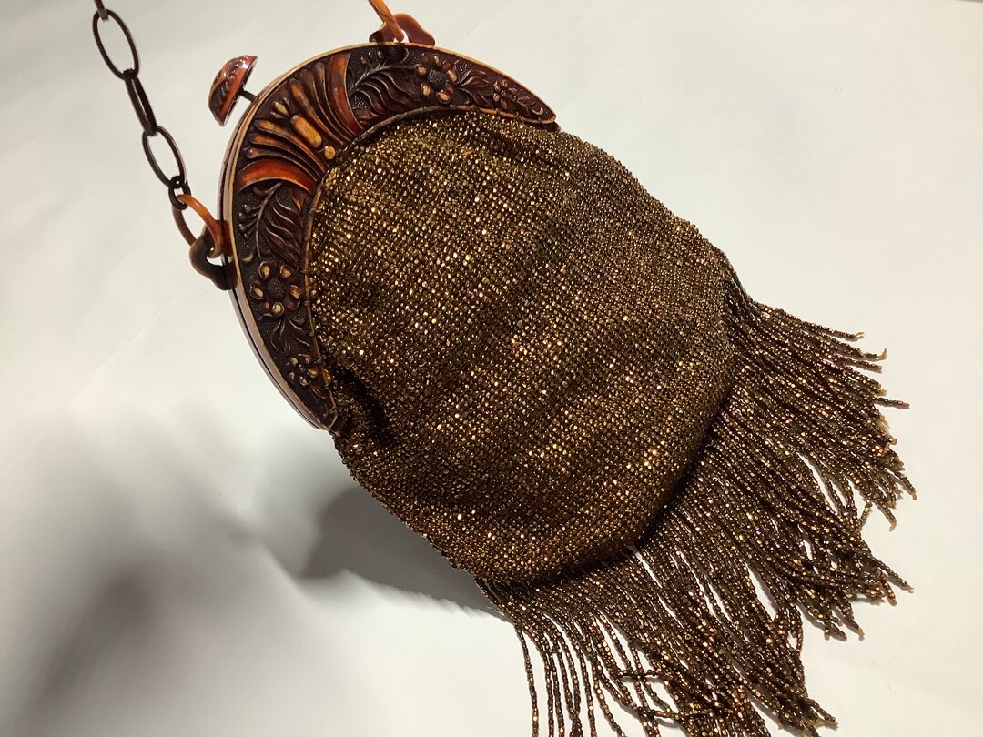 Antique Beaded Bag 1920s Celluloid Carved Frame Evening Bag Iridescent ...