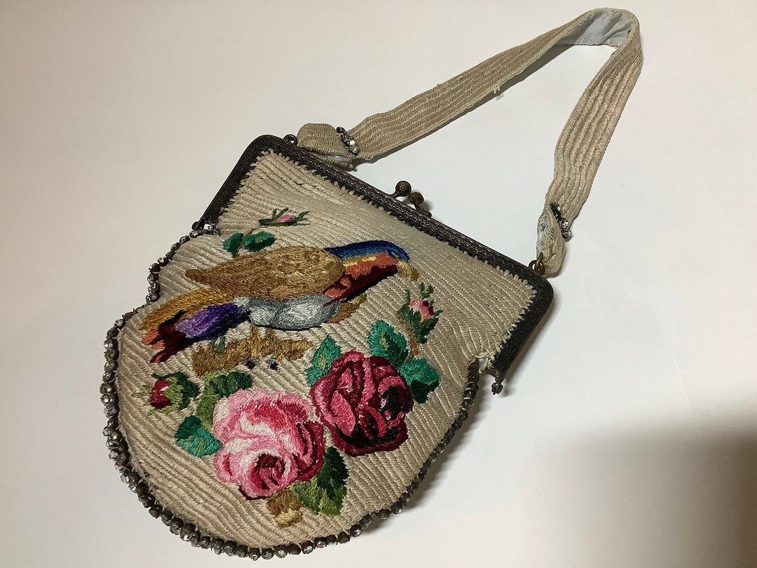 Vintage 1900s Hand Embroidered Edwardian Wrist Bag Silk Birds Roses ...