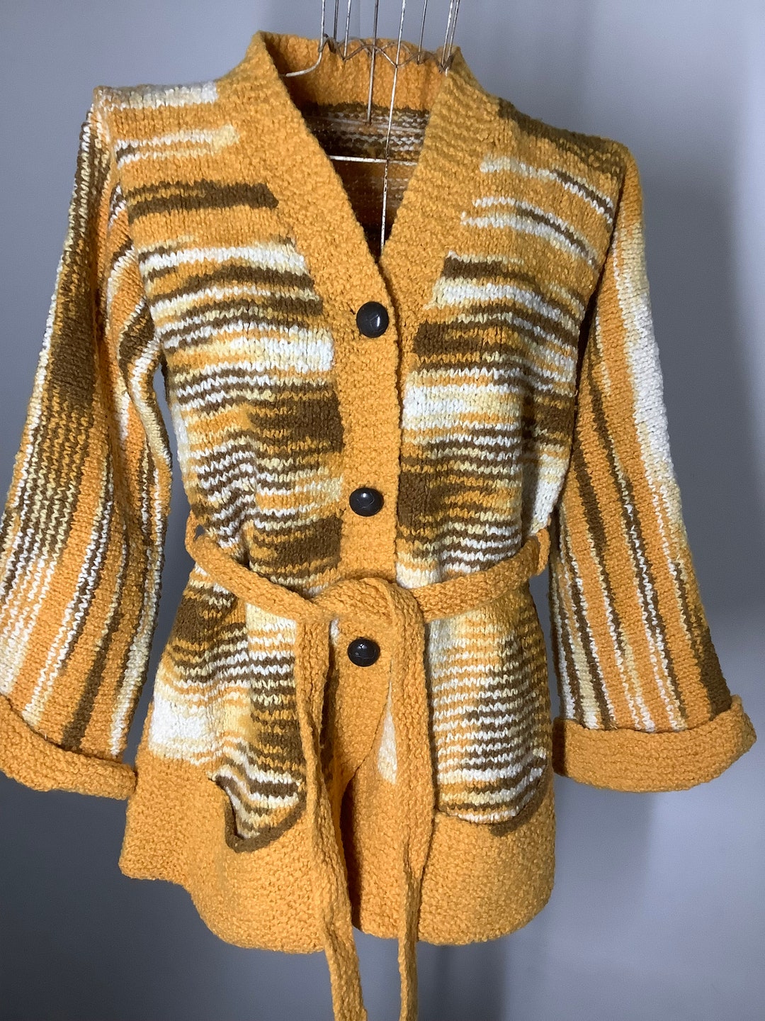 Vintage 1970s Knitted Sweater Cardigan Belted Button Down Starsky and ...