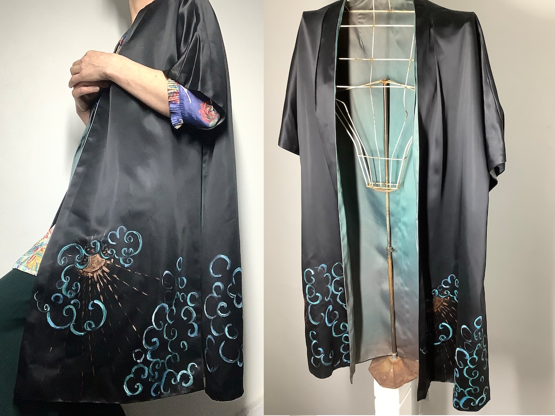 Vintage 1940s -50s Satin Swing Coat Hand Painted Black Green Midi ...
