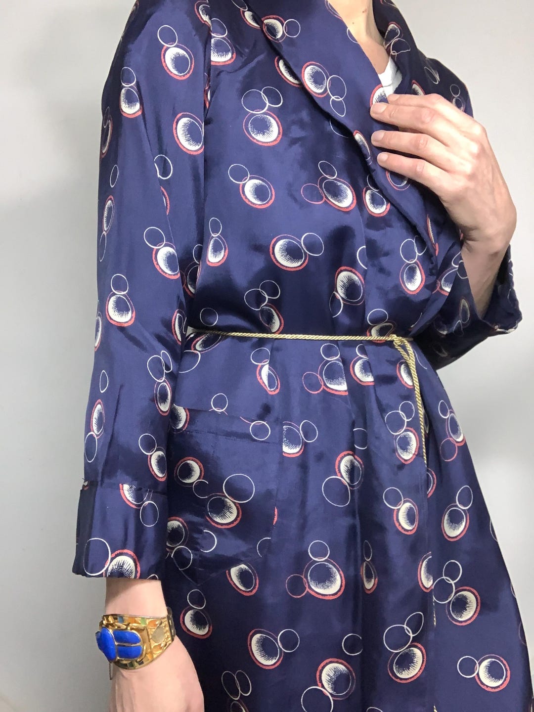 Vintage Art Deco Robe 1930s Rayon Silky Navy Blue Circle Print House ...