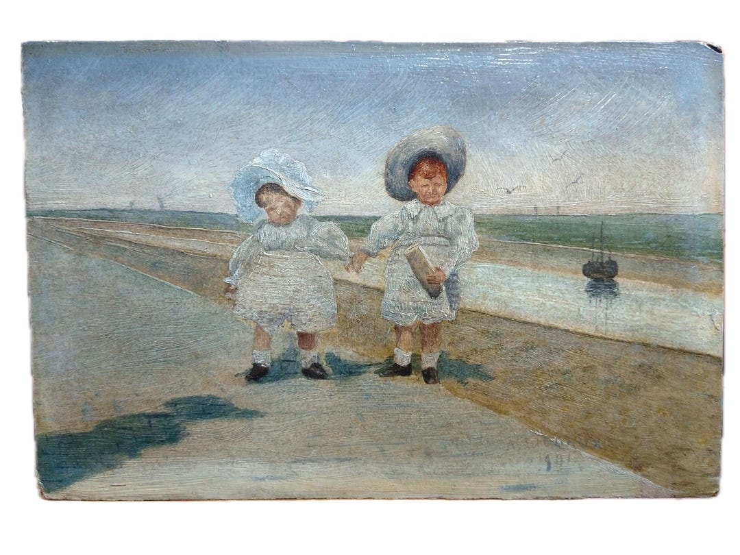 Victorian Oil Painting Girl and Boy at Beach 1800s Miniature Seaside ...