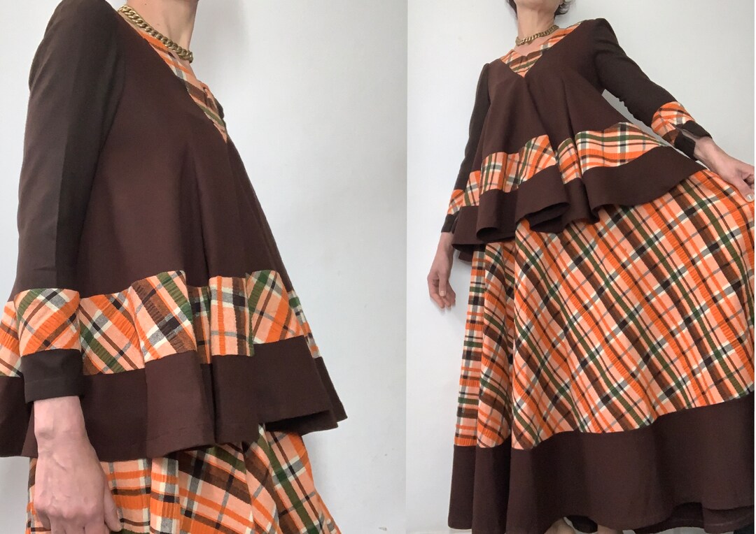 Vintage Rare 1970s Jean Varon Dress, Brown Orange Plaid Wool Cotton ...