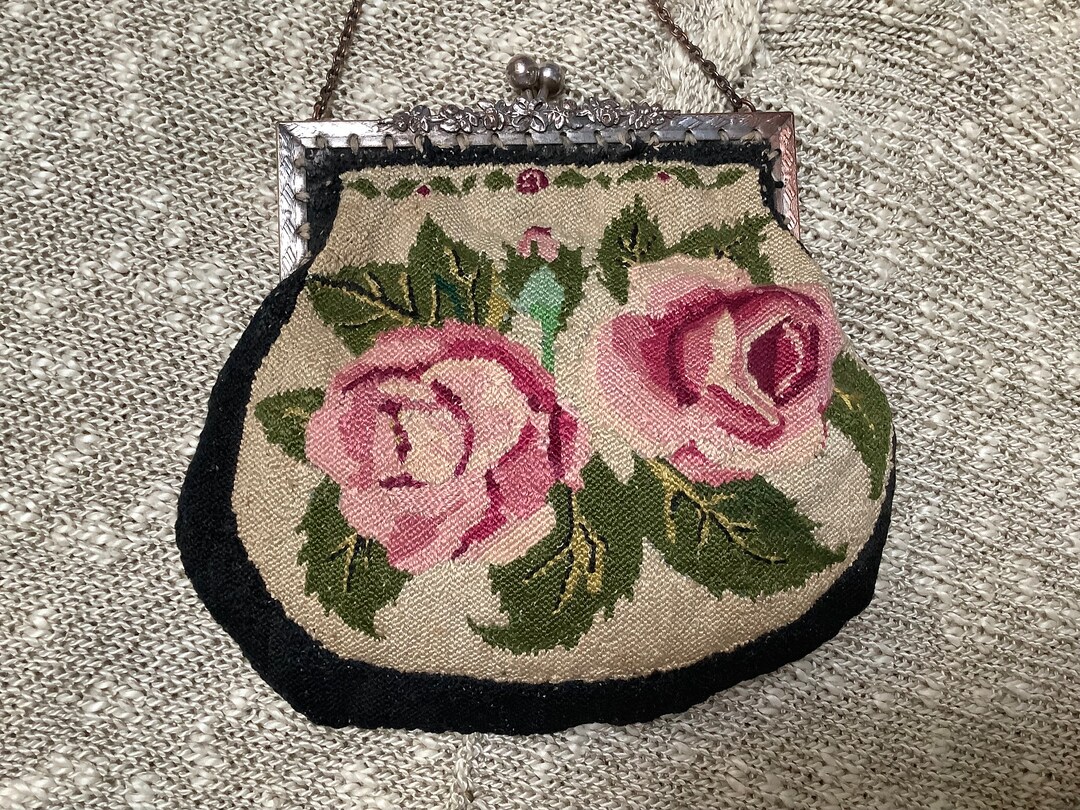 Vintage Edwardian Purse Bag Needle Point Bag Roses Embroidered Metal ...