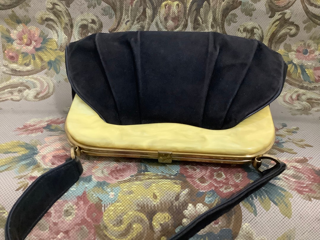 Vintage Art Deco Bag Celluloid Frame Bag 1930s Brown Suede Yellow ...