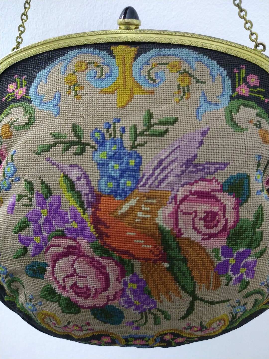 Antique Petit Point Bag With Bird and Florals Edwardian Chain Bag - Etsy
