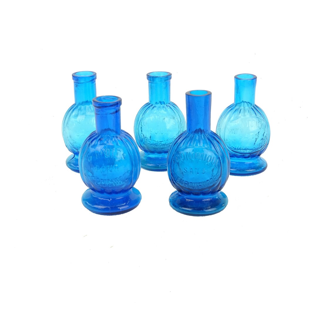 5 Old P Masy Oil Lamps in Hand-blown Blue Glass / Vintage Cobalt Blue ...