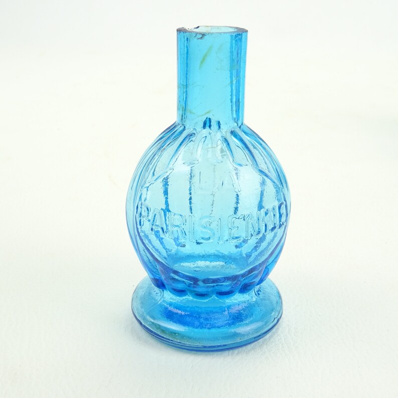 5 Anciennes lampes à huile P Masy en verre bleu soufflé à la bouche ...