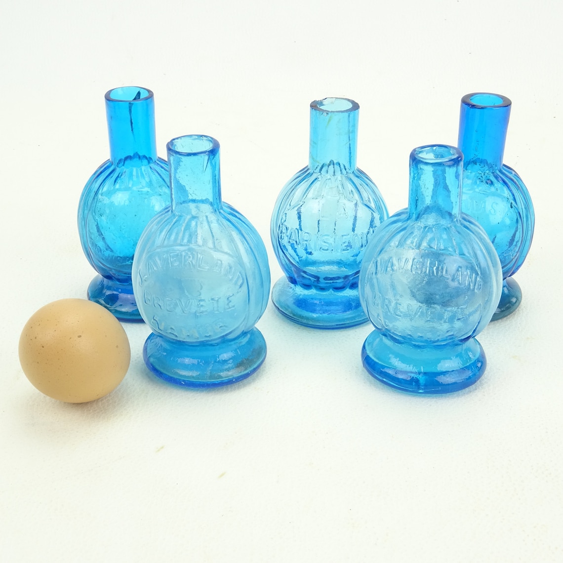 5 Anciennes lampes à huile P Masy en verre bleu soufflé à la bouche ...