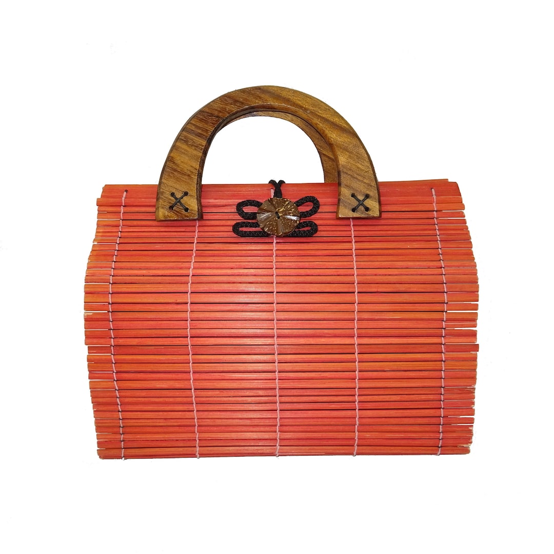 Red Wicker or Bamboo Handbag / French Vintage Briefcase / Country and ...
