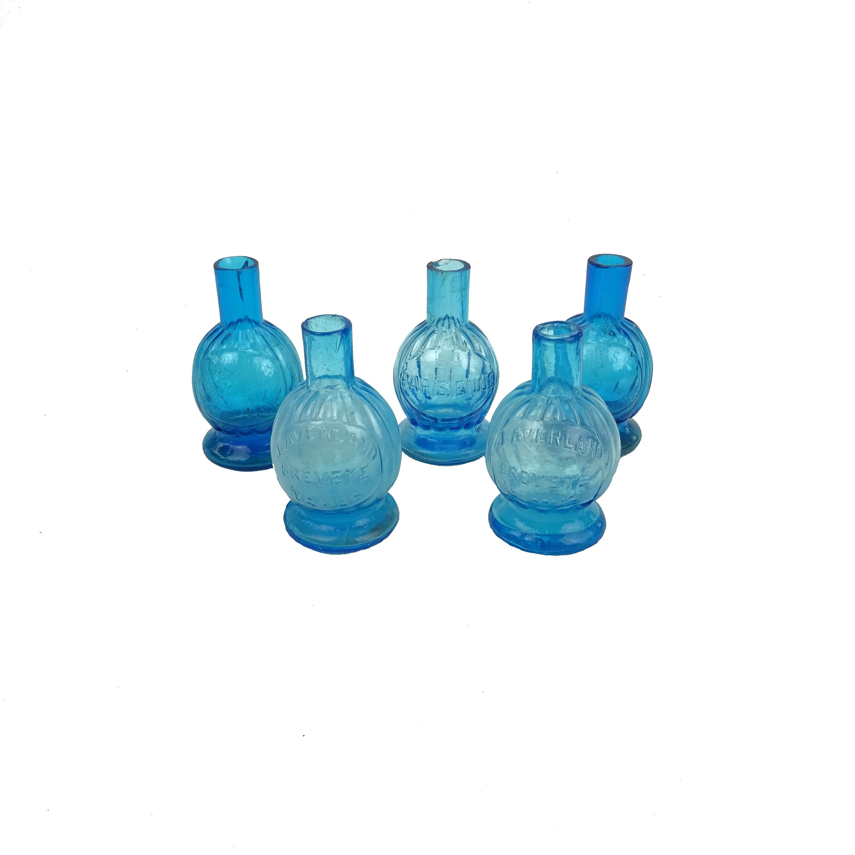 5 Anciennes lampes à huile P Masy en verre bleu soufflé à la bouche ...