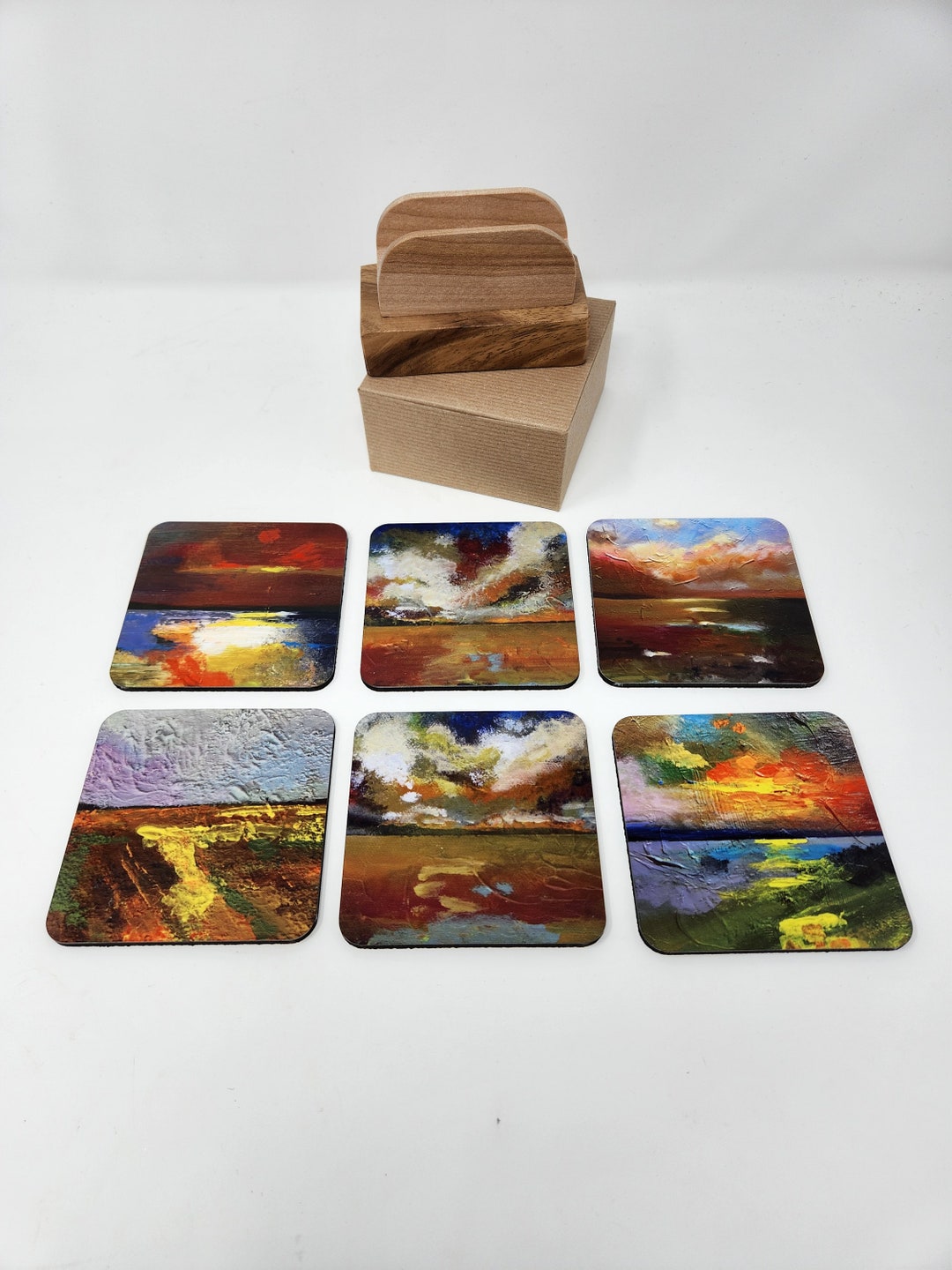 Coasters Set, 6 Coasters With Holder Display Rack, Abstract Nature ...