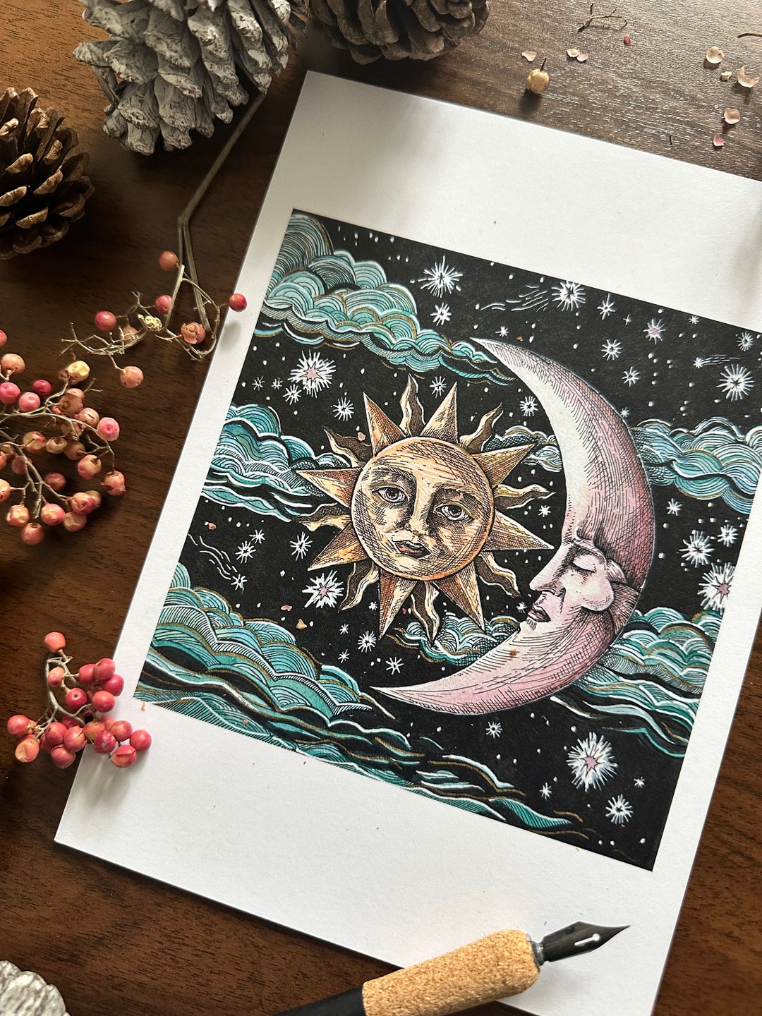 Celestial Sun and Moon Inktober Series Dip Pen and Ink Illustration A5 ...