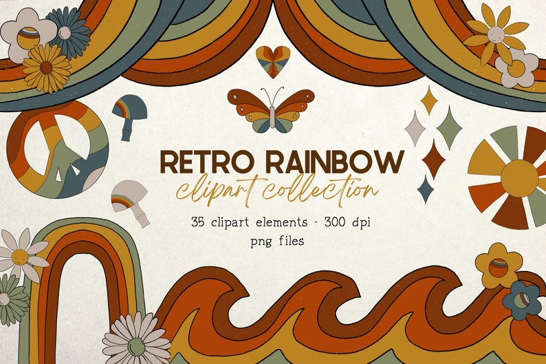 Boho Rainbow Clipart Butterfly Clipart Retro Clipart Groovy - Etsy
