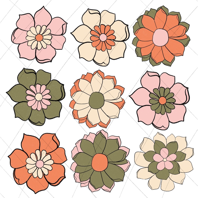 Retro Flowers Clipart 70s Clipart Boho Flowers Png Hippie | Etsy