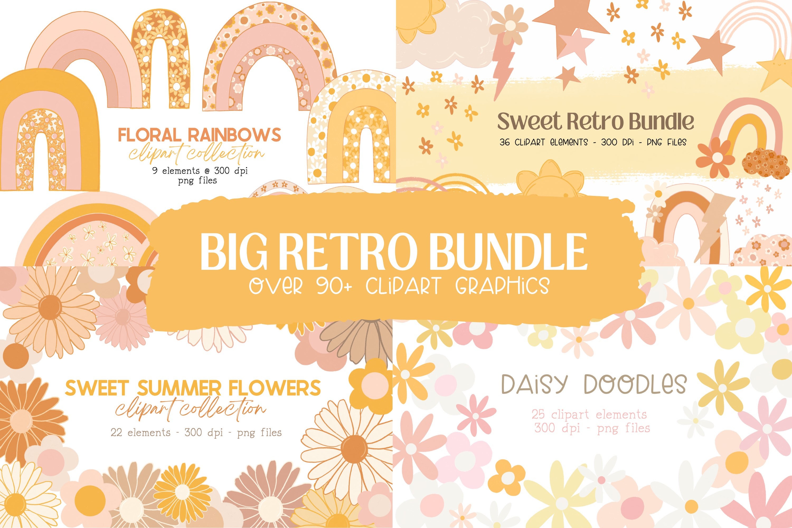 Boho Rainbow Clipart Retro Clipart Bundle Daisy Clipart - Etsy Canada