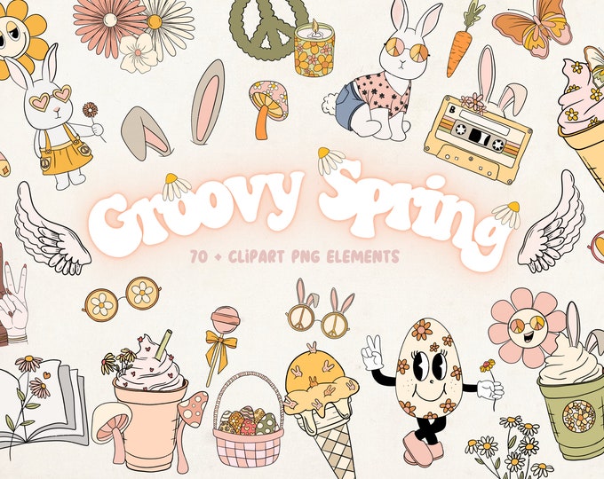 Boho Rainbow Clipart, Retro Clipart Bundle, Spring Clipart, Daisy ...