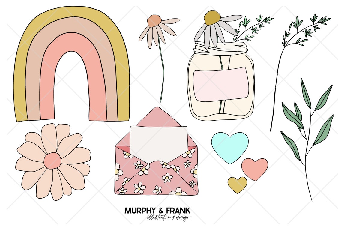 Spring Clipart, Wildflower Clipart, Boho Doodle Clipart, Butterfly ...