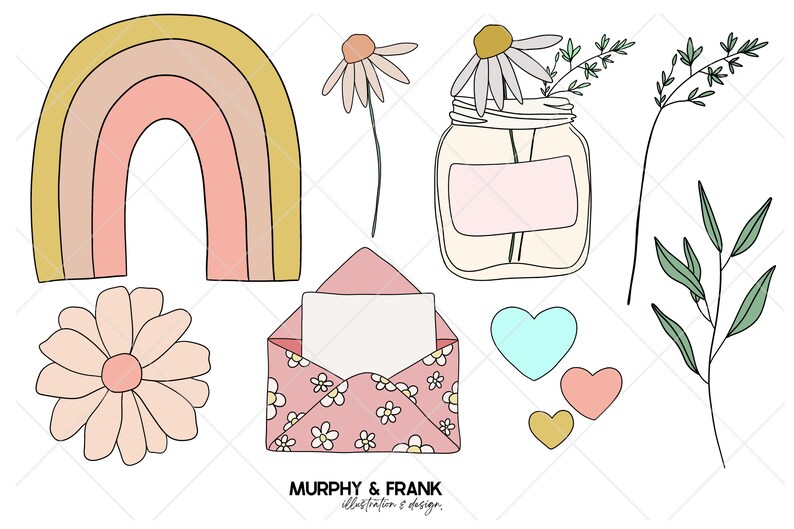 Spring Clipart, Wildflower Clipart, Boho Doodle Clipart, Butterfly ...