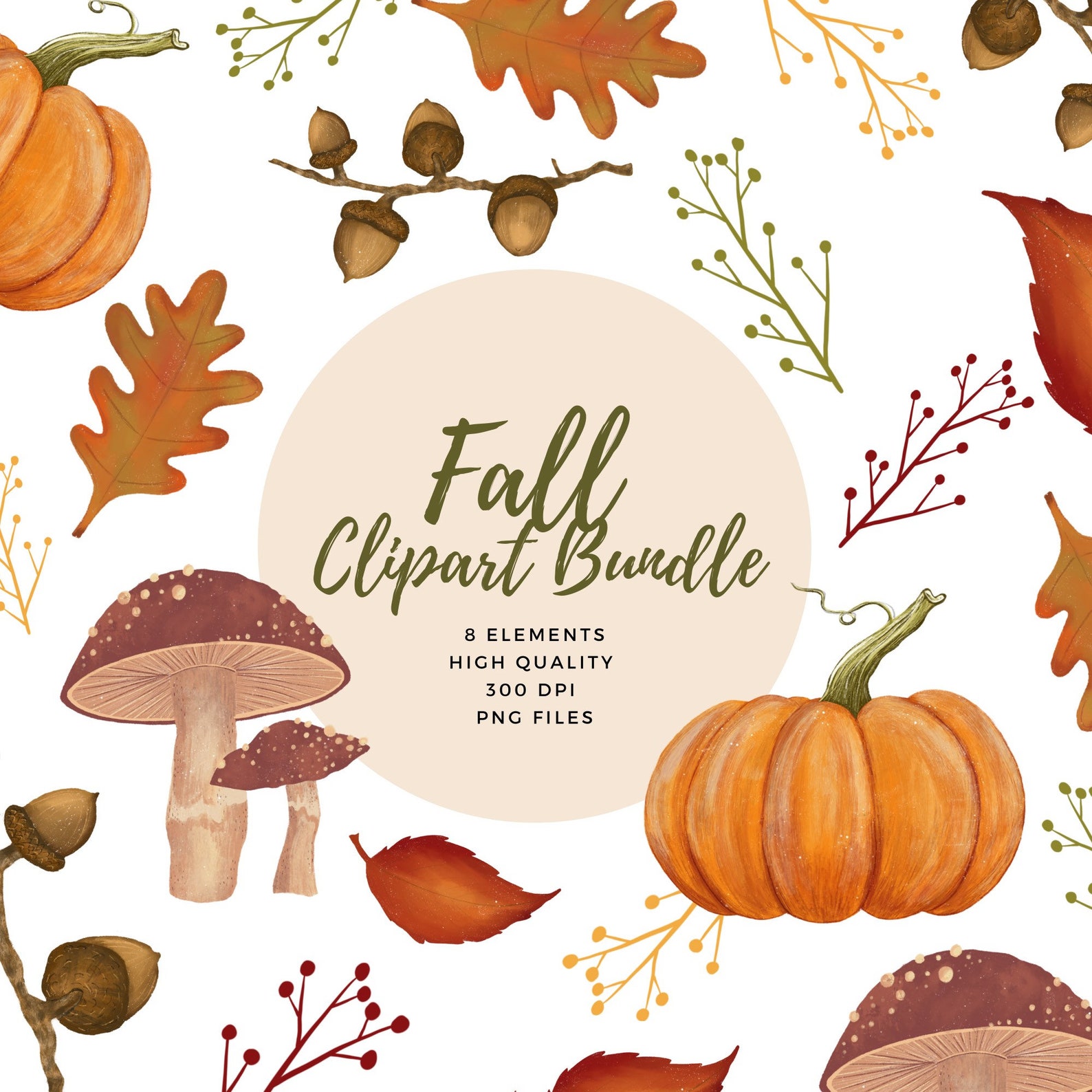 Autumn Clip Art, Pumpkin Png, Mushroom Png, Fall Clipart Bundle, Acorn ...
