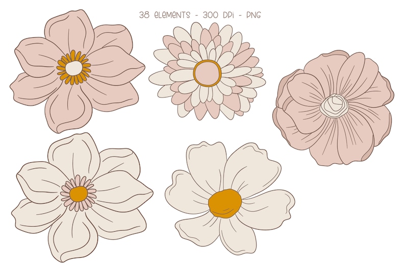 Retro Flower Clipart, Clipart Flowers Retro, Boho Flower Clipart, Retro ...