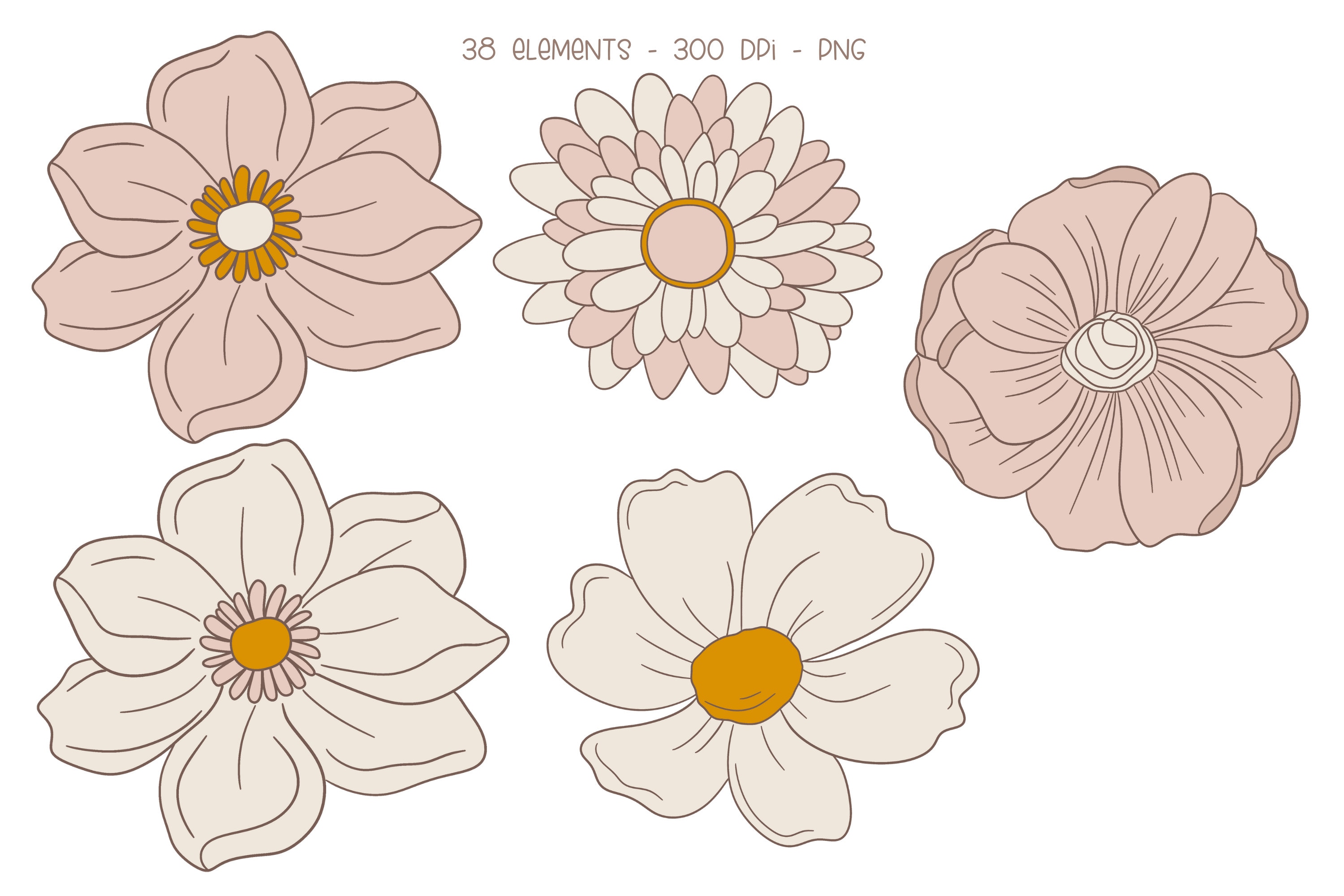 Retro Flower Clipart, Clipart Flowers Retro, Boho Flower Clipart, Retro ...