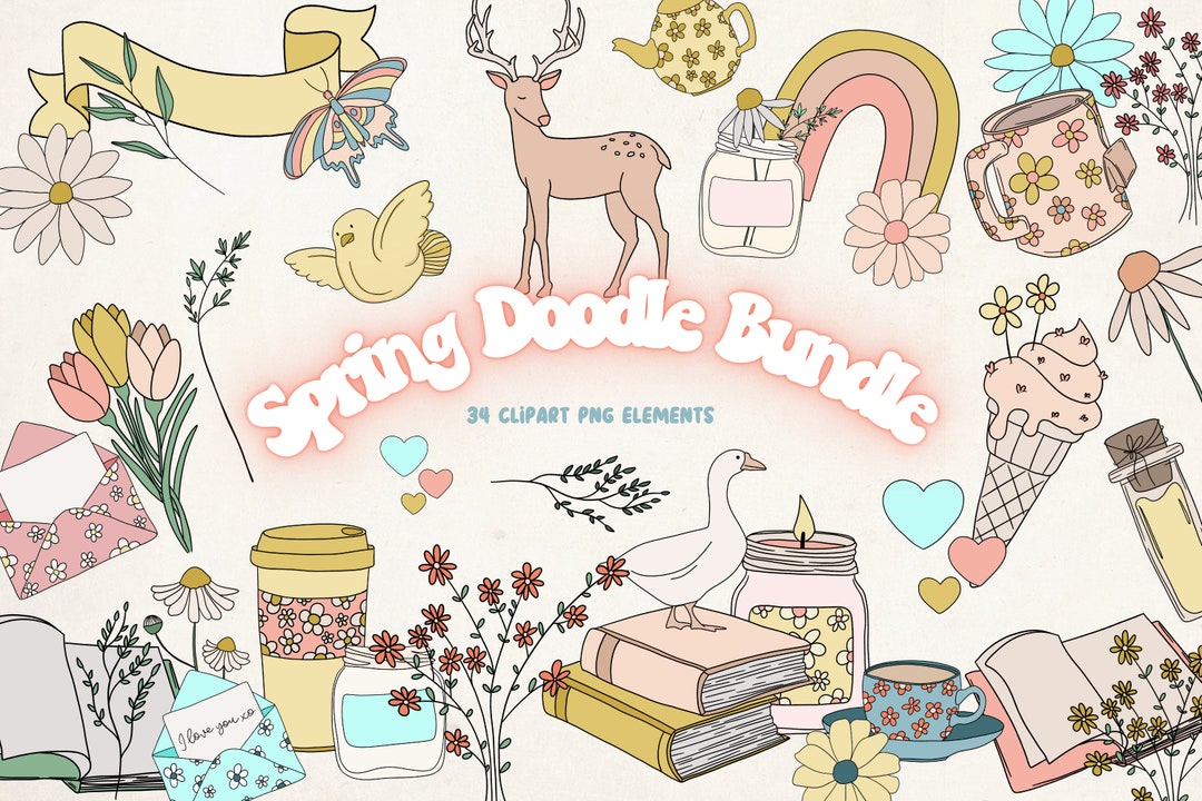 Spring Clipart, Wildflower Clipart, Boho Doodle Clipart, Butterfly ...