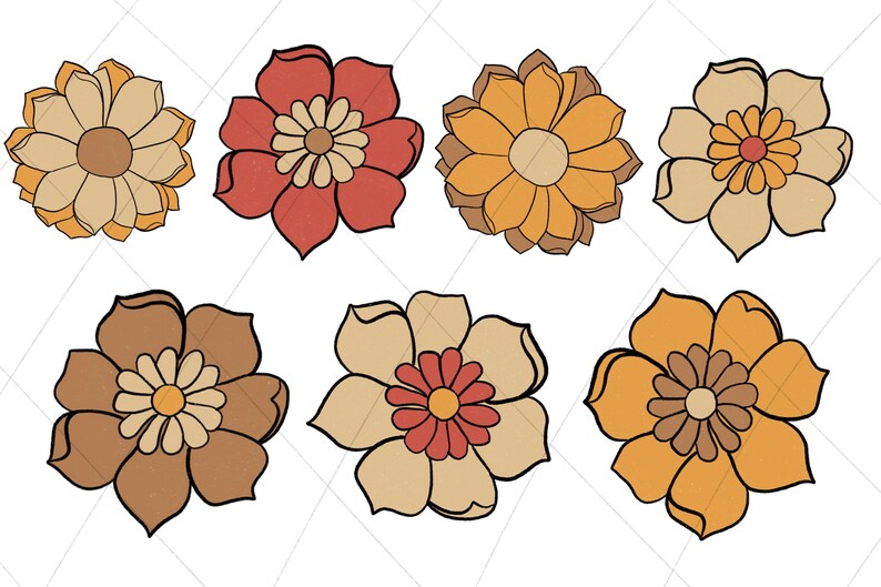 Retro Flowers Clipart, 70s Clipart, Boho Clipart, Hippie Clipart ...
