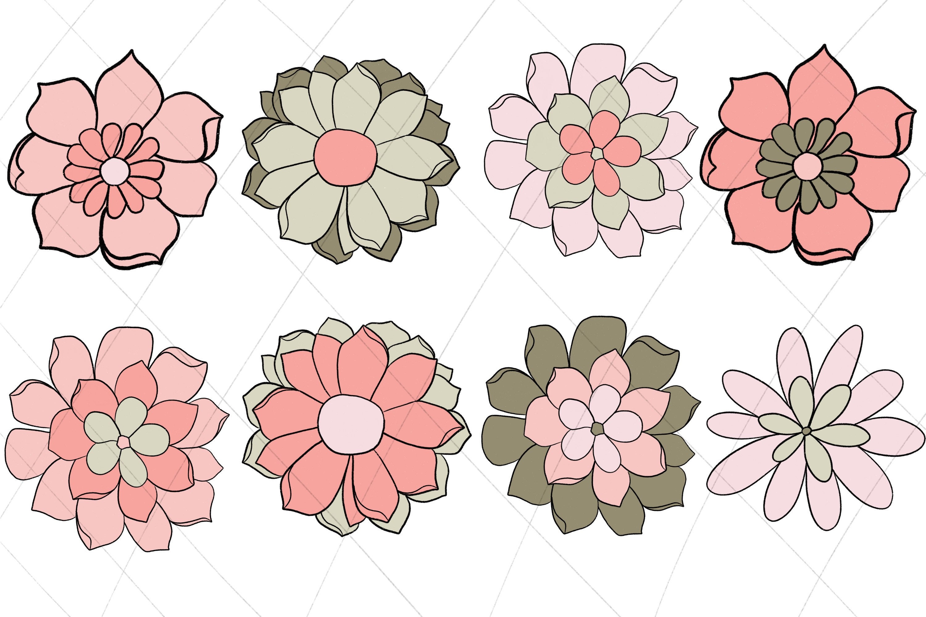 Pink Retro Flowers, Vintage Floral Clip Art, Retro Floral Clipart ...