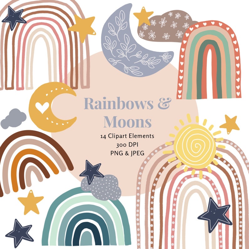 Rainbow Clipart, Moon Clipart, Sun Clipart, Cloud Clipart, Commercial ...