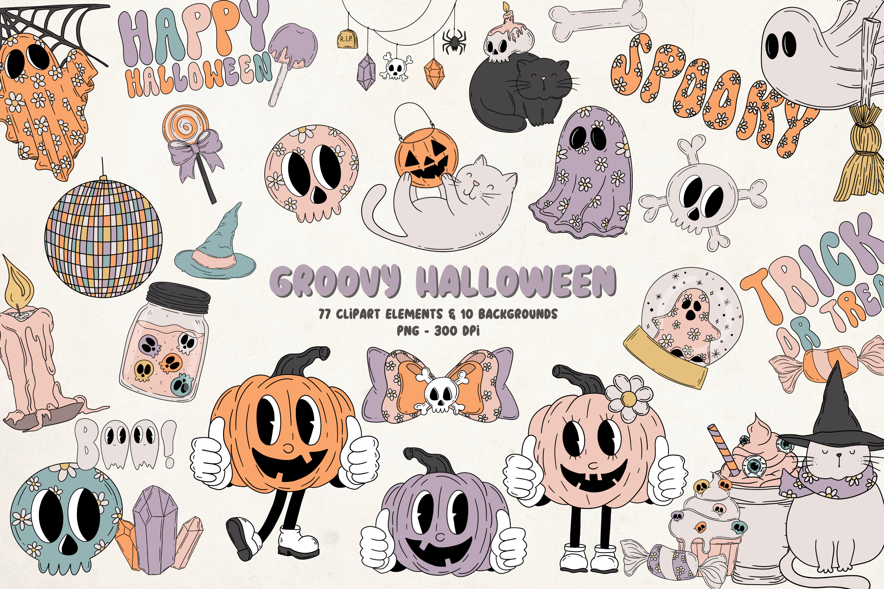 Groovy Halloween Clipart, Groovy Clipart Bundle, Fall Clipart, Pastel ...