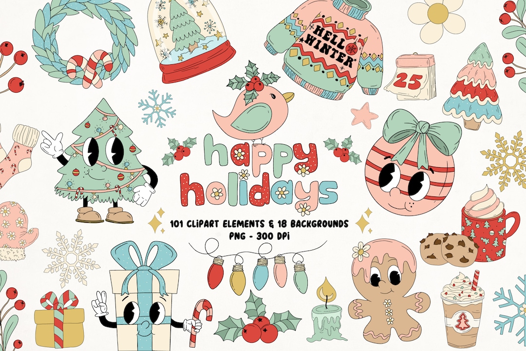 Groovy Christmas Clipart, Christmas Clip Art, Retro Christmas Clipart ...