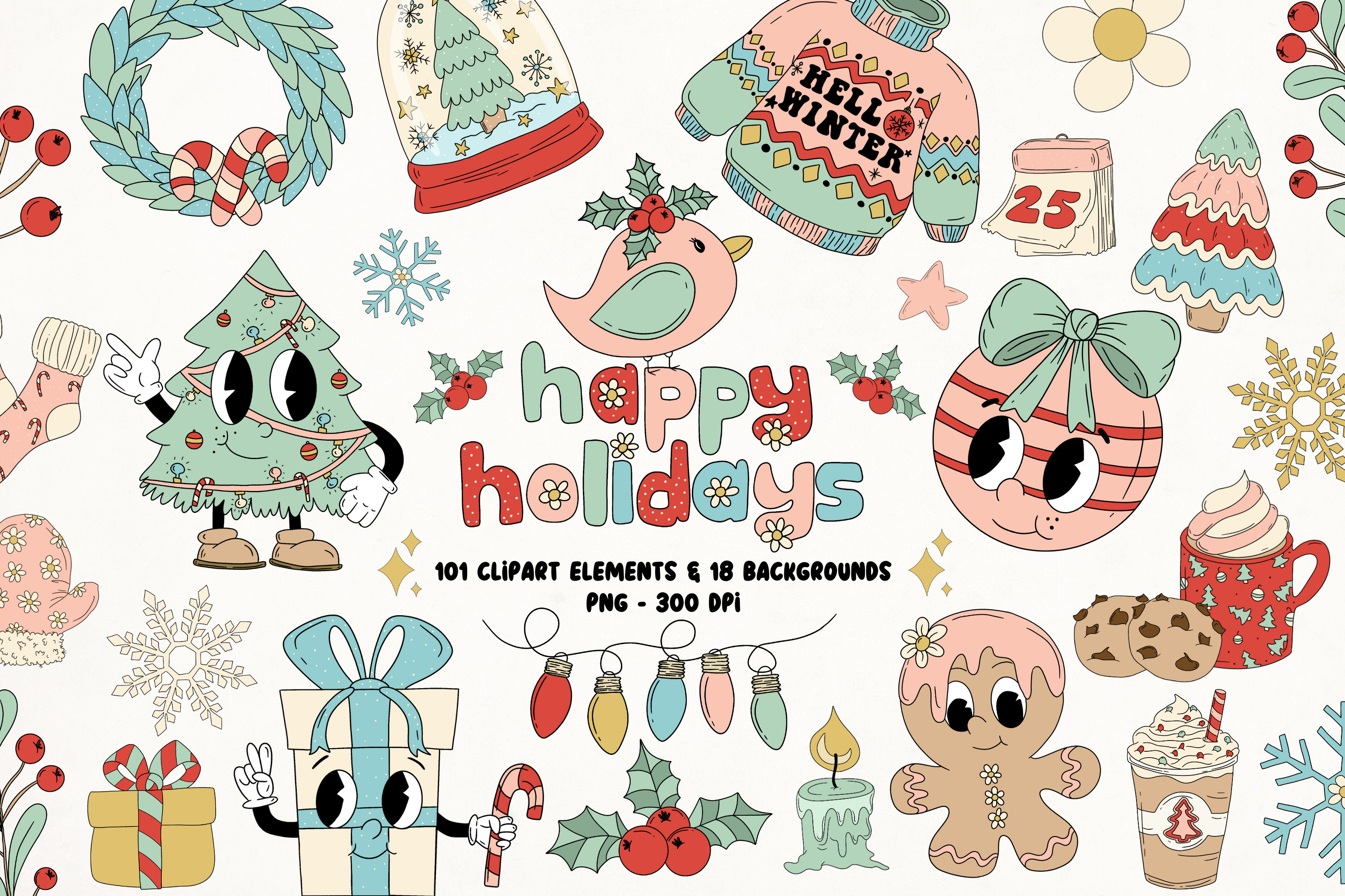 Winter Clipart, Cute Christmas Clip Art, Retro Christmas Clipart ...
