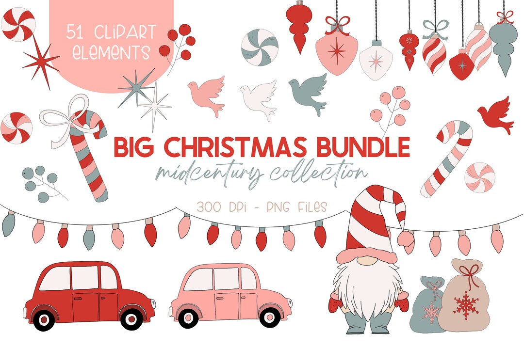 Christmas Clipart Bundle, Retro Christmas Clipart, Pink Christmas ...
