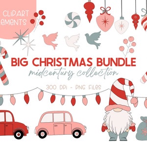 Christmas Clipart Bundle, Retro Christmas Clipart, Pink Christmas ...