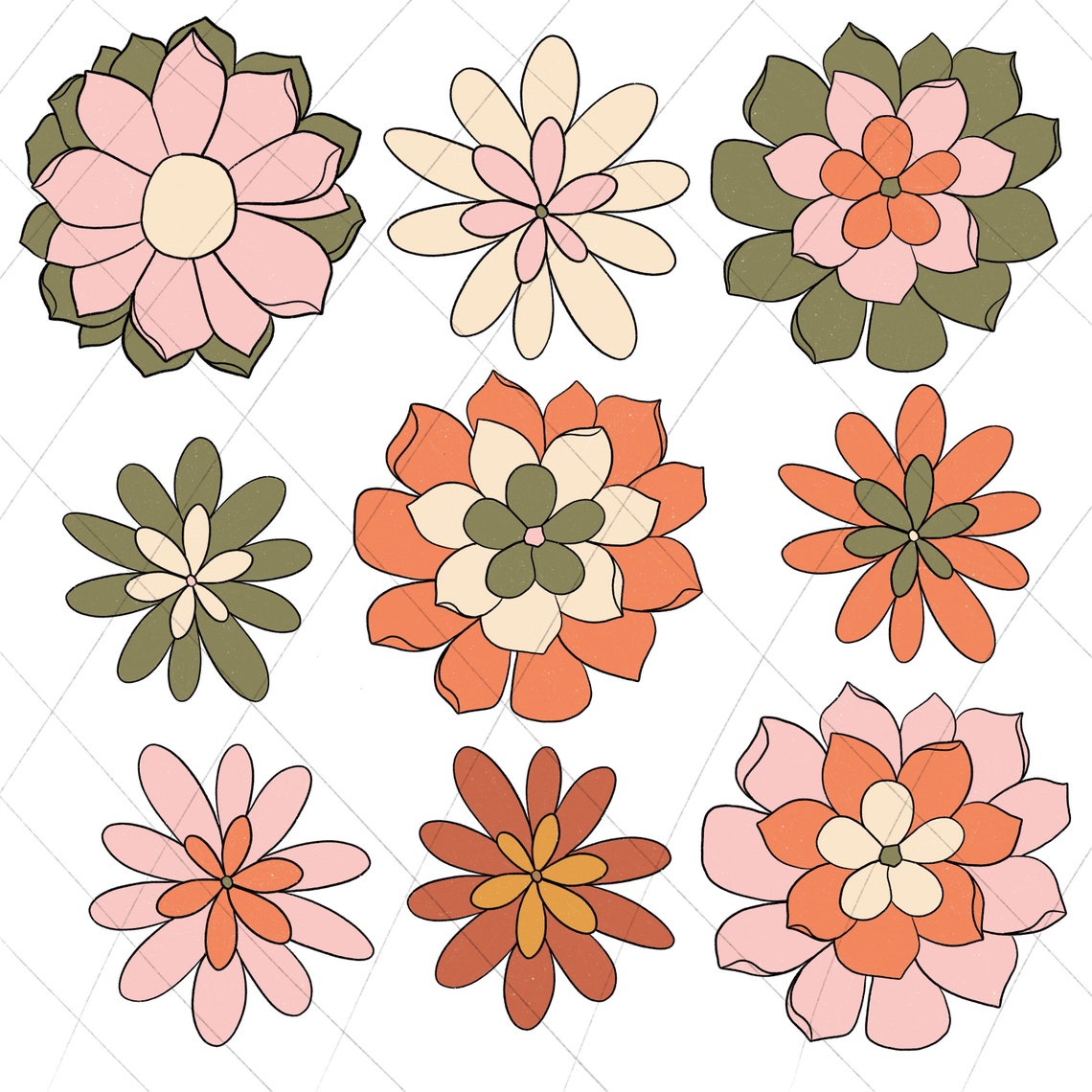 Retro Flowers Clipart 70s Clipart Boho Flowers Png Hippie - Etsy