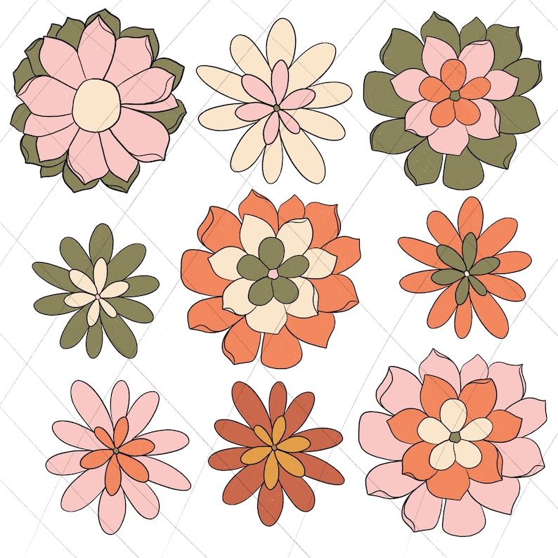 Retro Flowers Clipart, 70s Clipart, Boho Flowers Png, Hippie Clipart ...