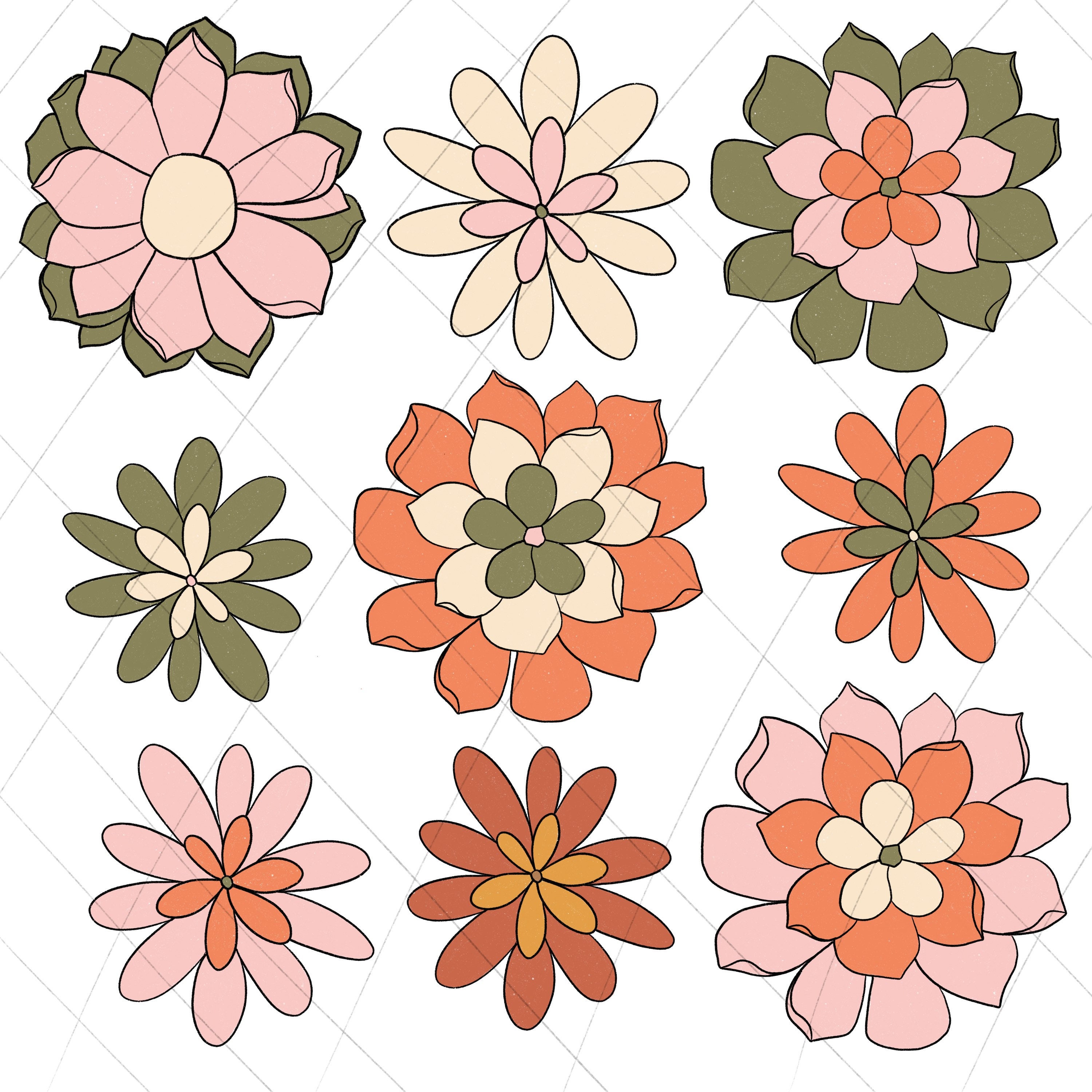 Retro Flowers Clipart, 70s Clipart, Boho Flowers Png, Hippie Clipart ...