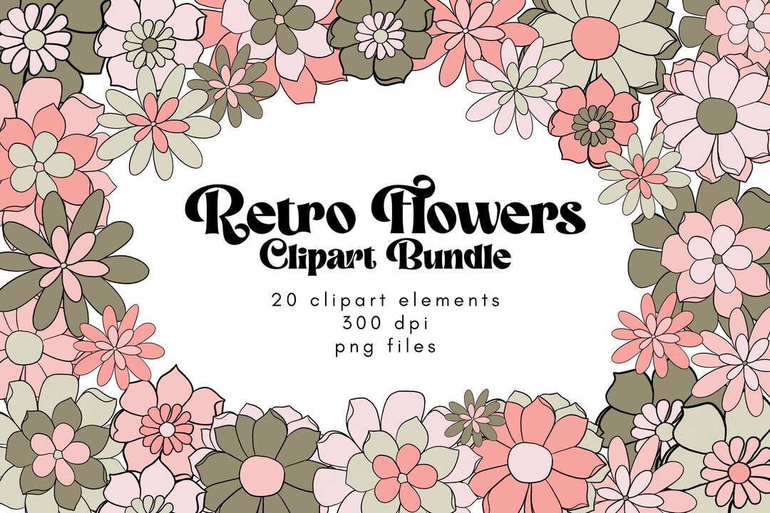 Pink Retro Flowers, Vintage Floral Clip Art, Retro Floral Clipart ...