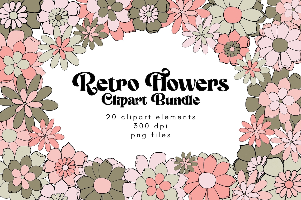 Pink Retro Flowers, Vintage Floral Clip Art, Retro Floral Clipart ...