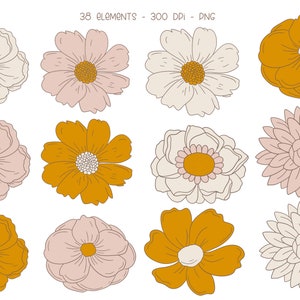 Retro Flower Clipart, Clipart Flowers Retro, Boho Flower Clipart, Retro ...