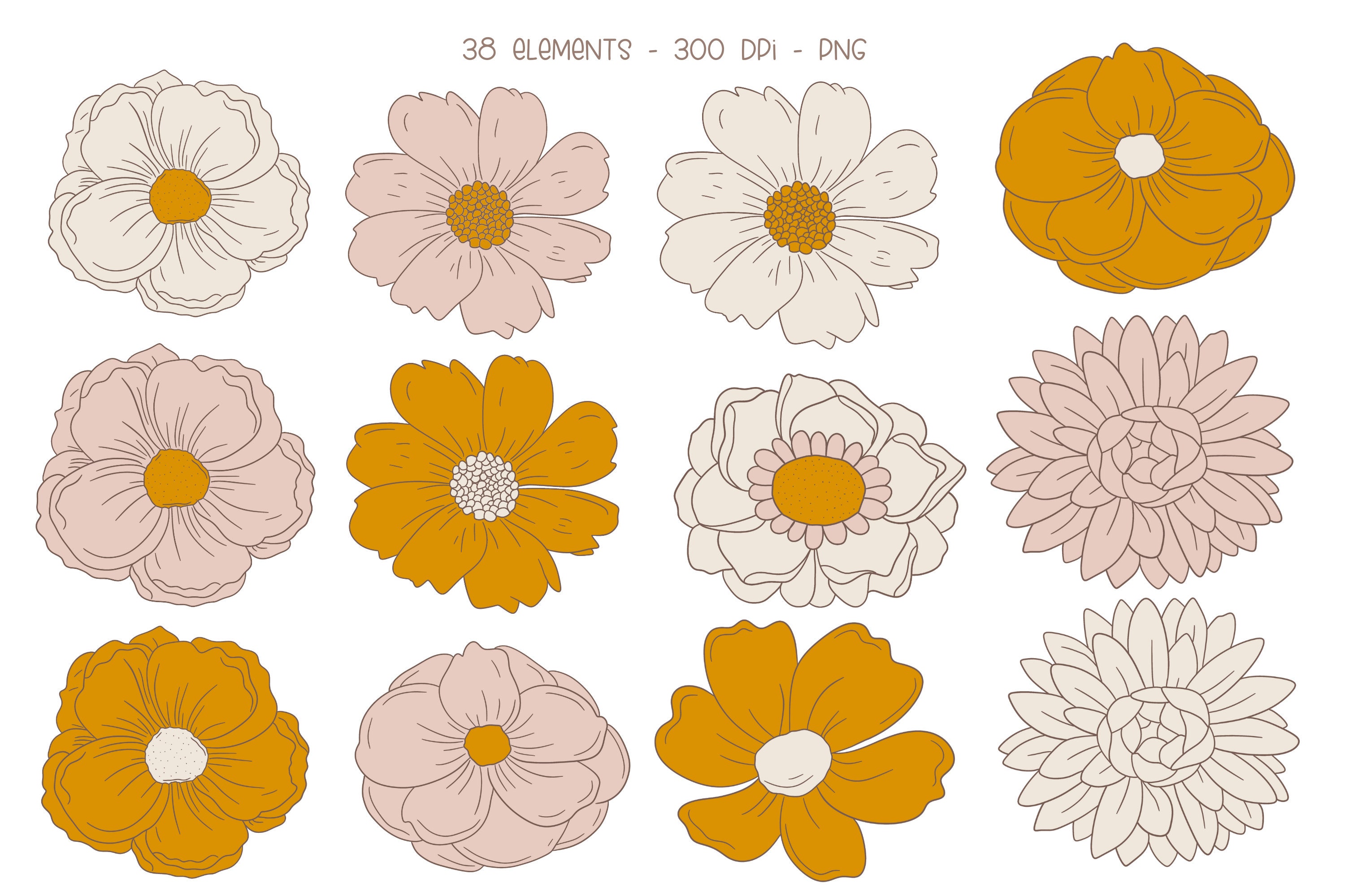 Retro Flower Clipart, Clipart Flowers Retro, Boho Flower Clipart, Retro ...