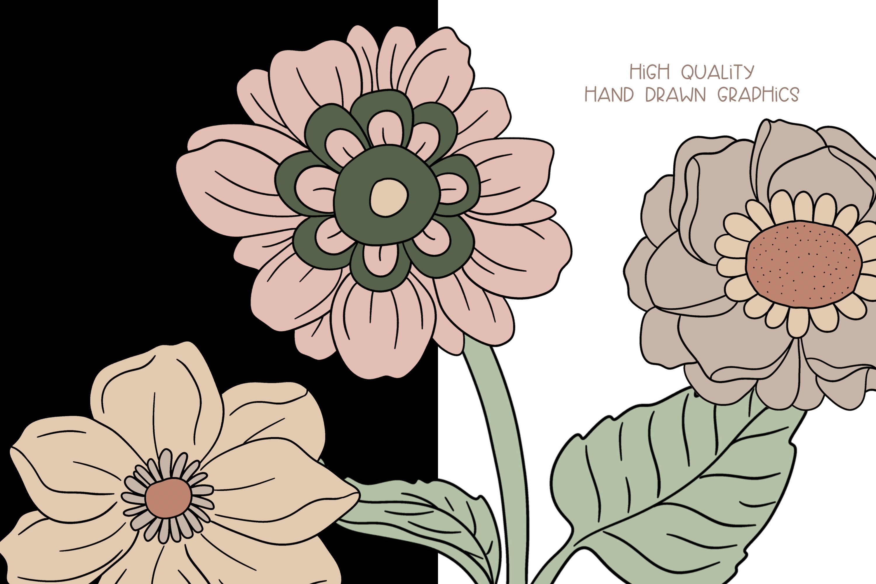 Retro Flower Clipart, Boho Flower Clipart, Cute Flower Graphics, Retro ...