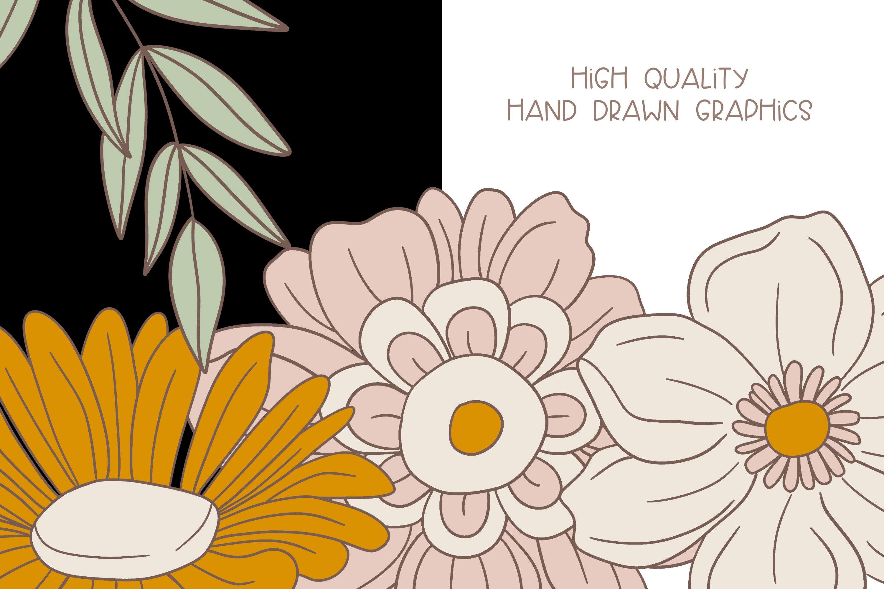 Retro Flower Clipart, Clipart Flowers Retro, Boho Flower Clipart, Retro ...