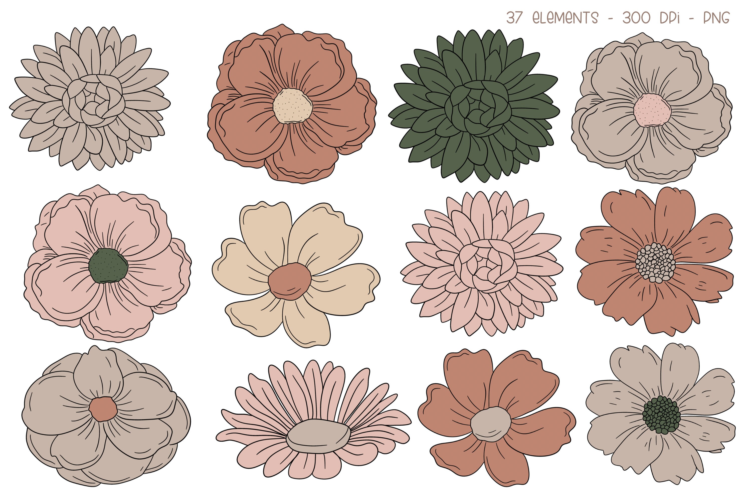 Retro Flower Clipart, Boho Flower Clipart, Cute Flower Graphics, Retro ...