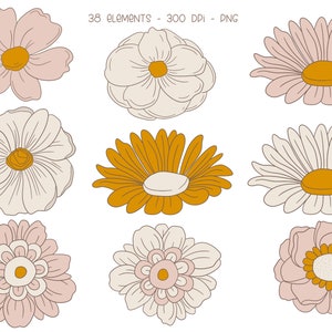 Retro Flower Clipart, Clipart Flowers Retro, Boho Flower Clipart, Retro ...