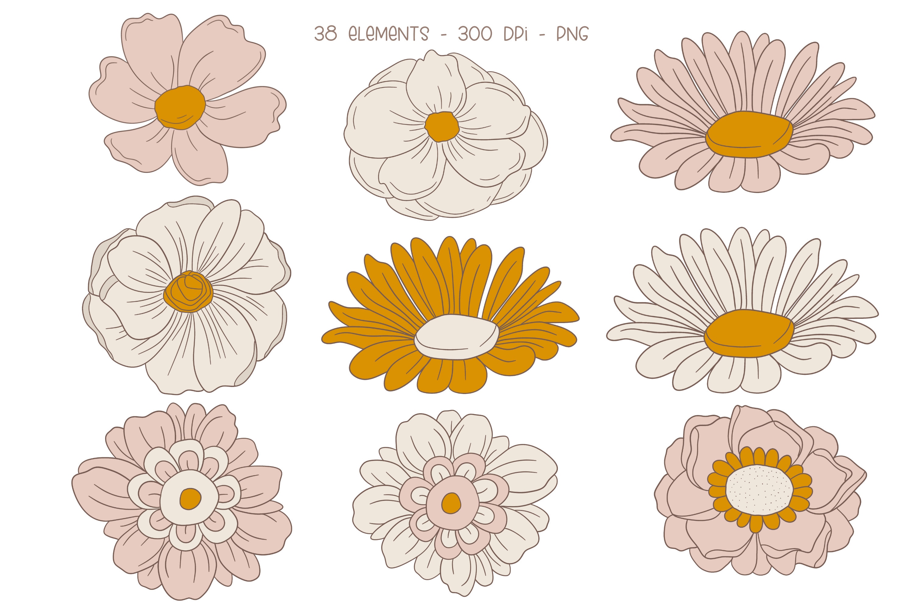 Retro Flower Clipart, Clipart Flowers Retro, Boho Flower Clipart, Retro ...